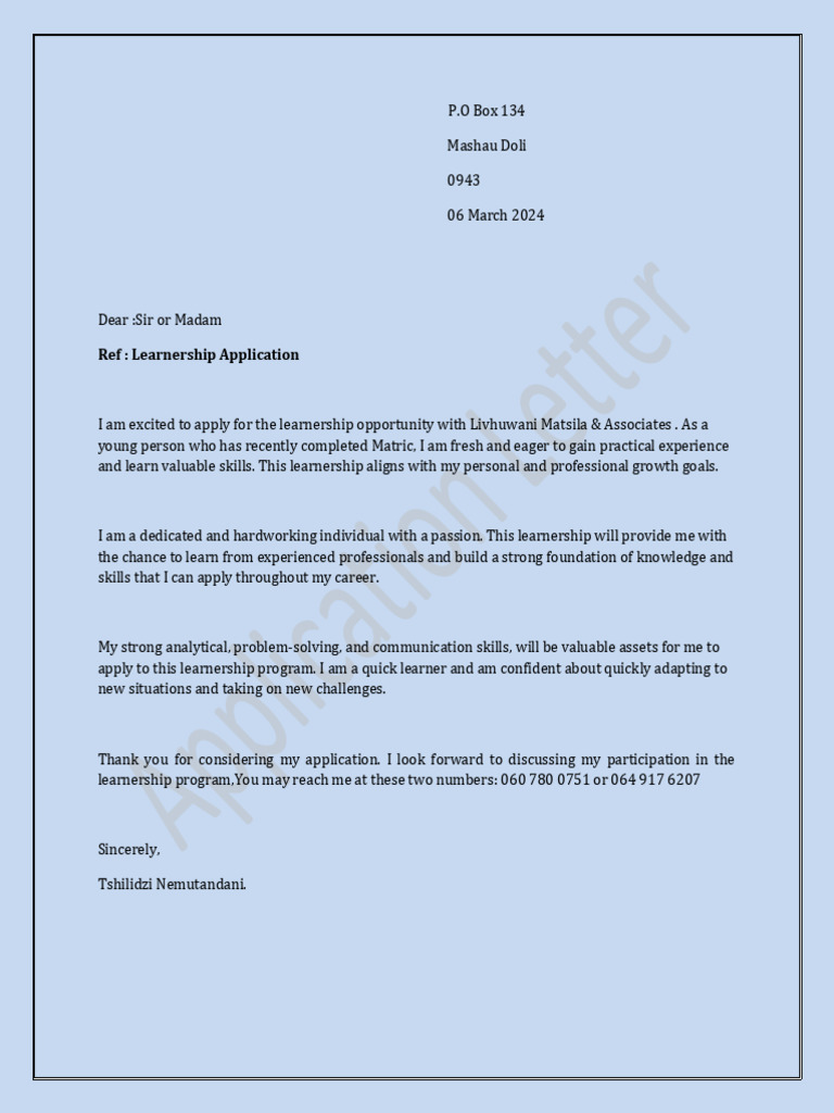 Apllication Letter Learneship TSH - 073503 | PDF