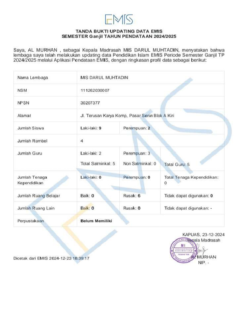 Bap Emis Mi Darul Muhtadin | PDF