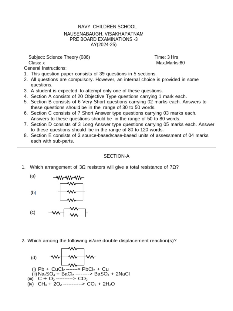 Science Pre-Board Exam Paper Class X | PDF | Refractive Index | Refraction