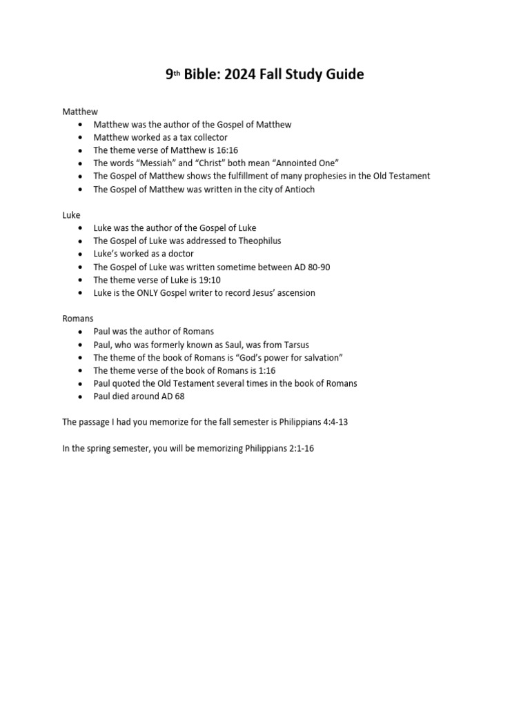 9th Bible 2024 Fall Study Guide | PDF