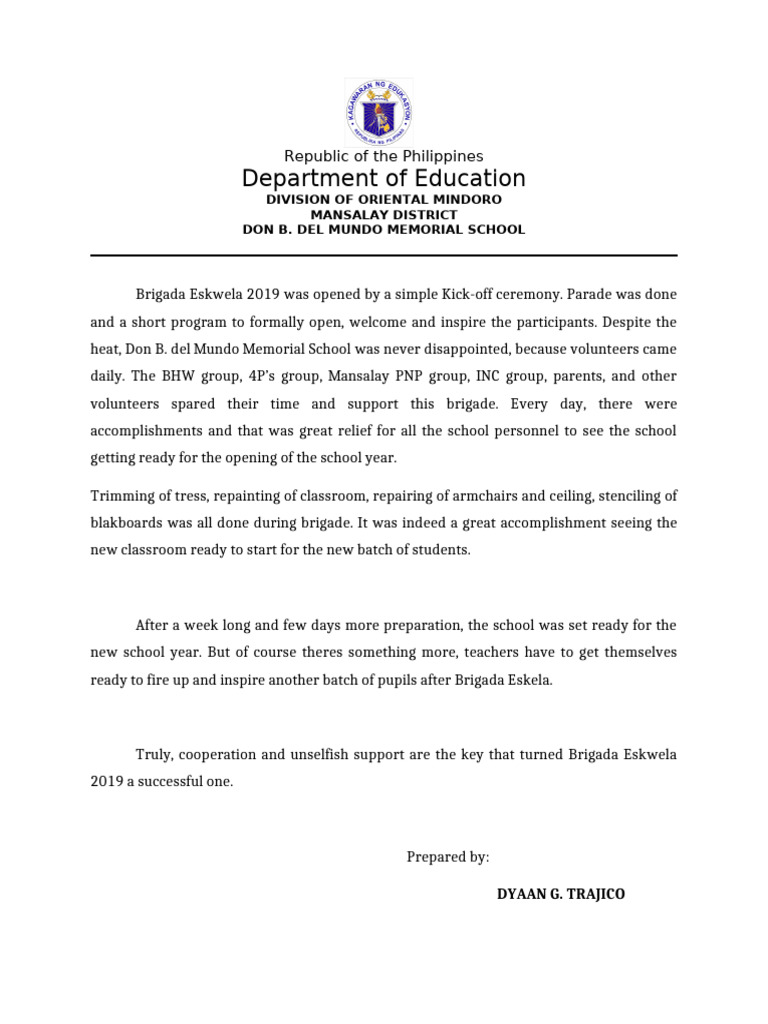 BRIGADA ESKWELA NARRATIVE REPORT | PDF