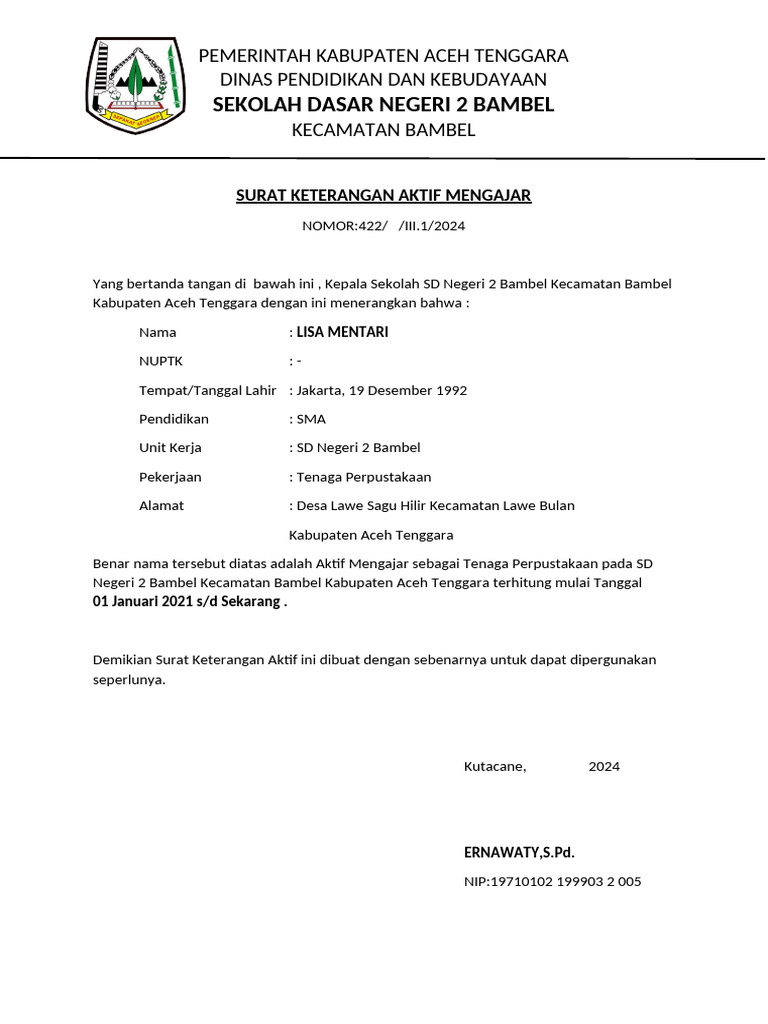 Surat Aktif Mengajar | PDF