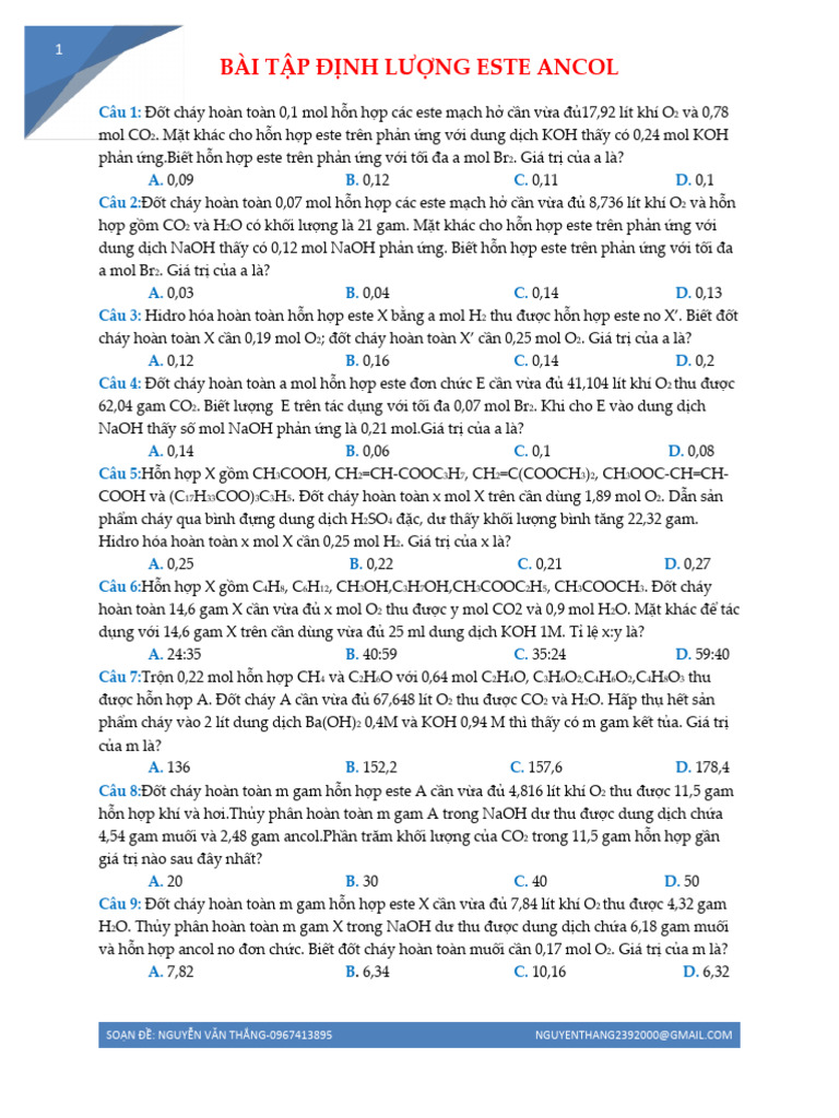 BÀI TẬP ĐỊNH LƯỢNG ESTE ANCOL | PDF