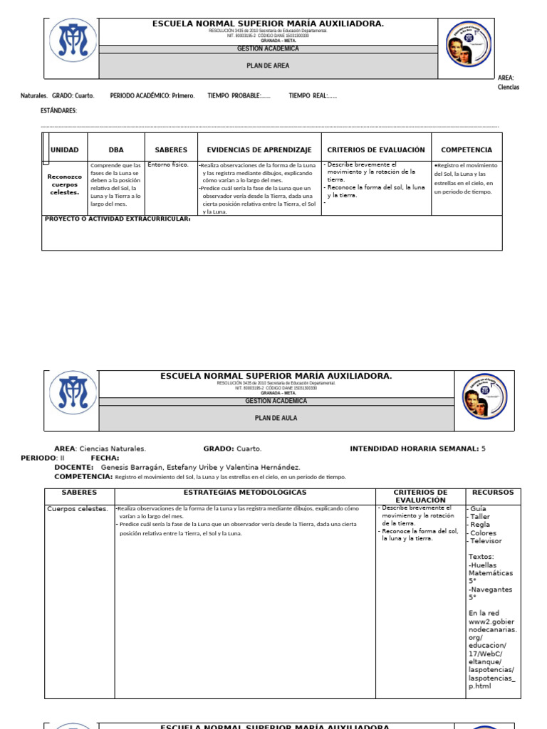 PLAN DE AREA-AULA (ejemplos) | PDF | Luna | Tierra