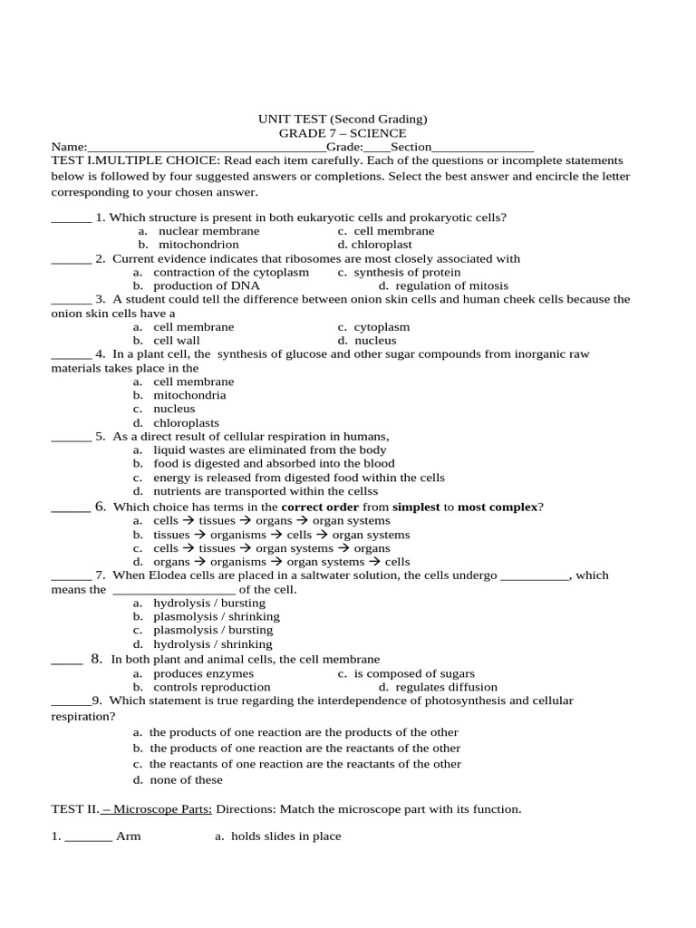 Unit Test 7 2nd Grading | PDF | Cell (Biology) | Genetics
