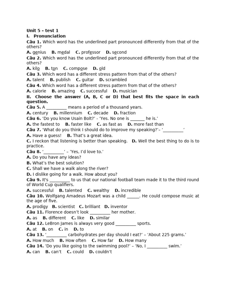 Unit 5 English Test: Pronunciation & Vocabulary | PDF | Renewable ...