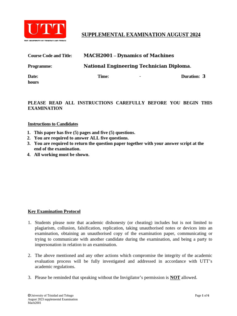 MACH2001 supplemental exam (August 2024) | PDF | Belt (Mechanical ...