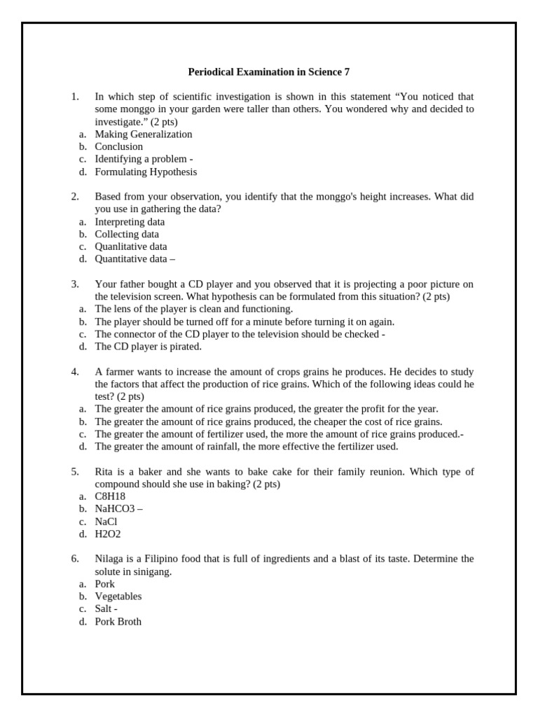 Periodical Examination in Science 7 | PDF | Solubility | Chemical ...