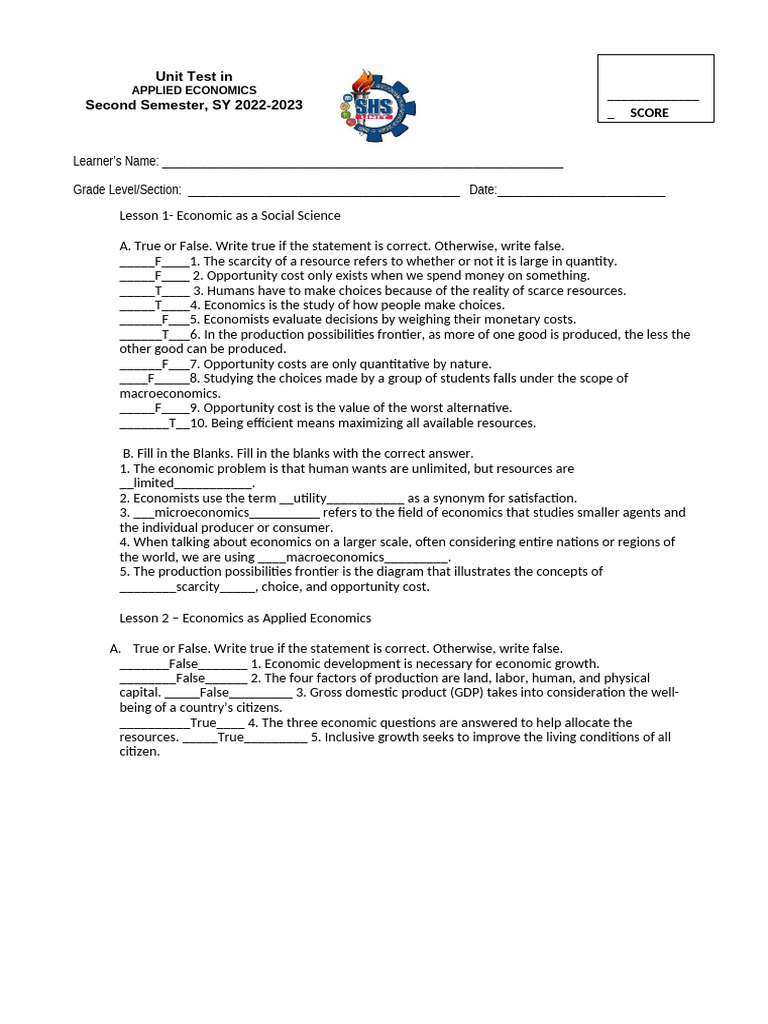 Unit Test in Applied Economics | PDF | Economics | Opportunity Cost