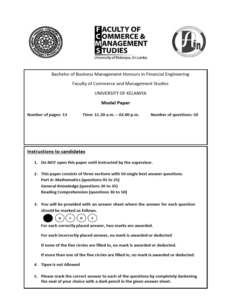 University of Kelaniya Financial Engineering Aptitude Test Model Paper ...