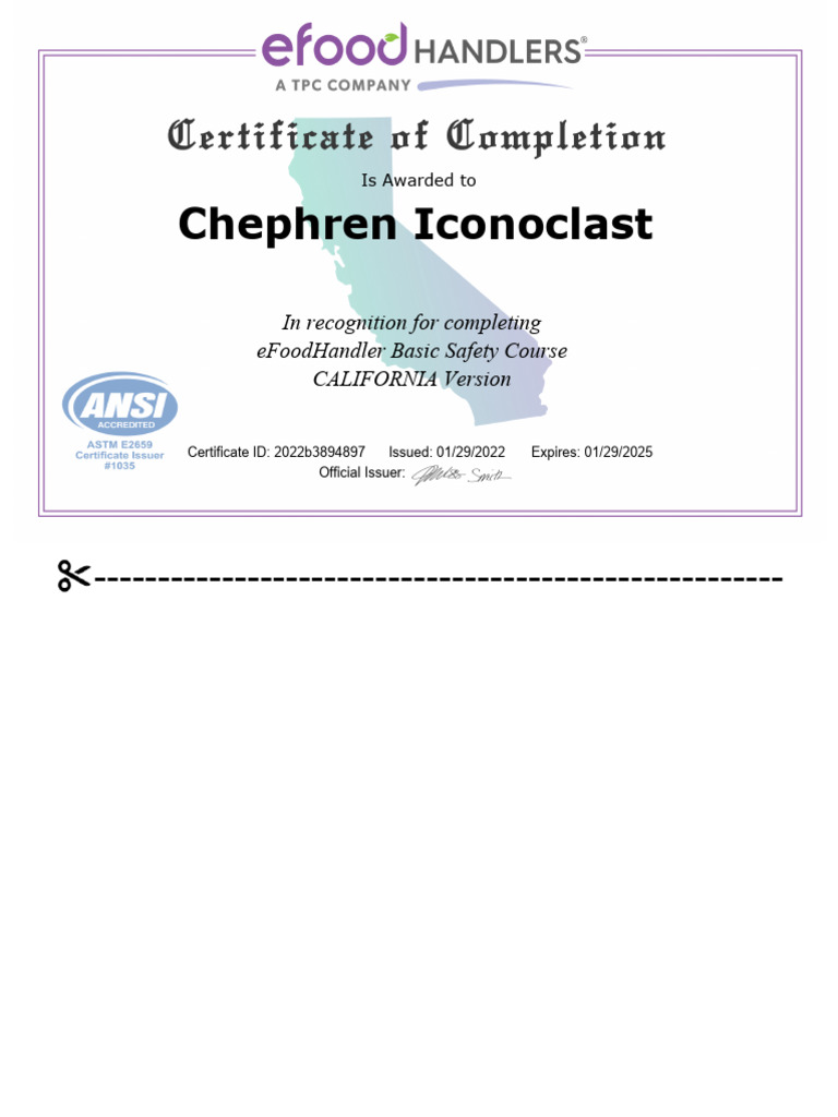 eFoodHandler Safety Course Certificate | PDF
