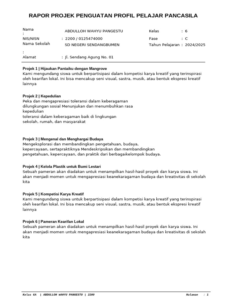 Rapor Proyek Pelajar Pancasila | PDF