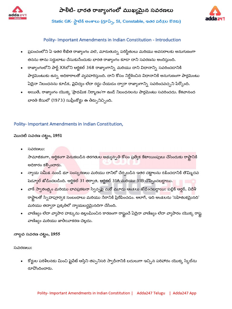 Polity Important Amendments in Indian Constitution | PDF