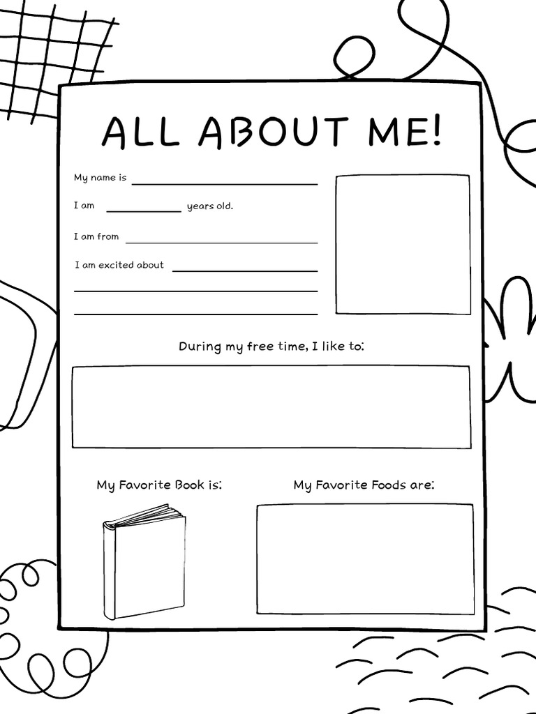 Black Doodle Coloring Student Introduction All About Me Worksheet | PDF