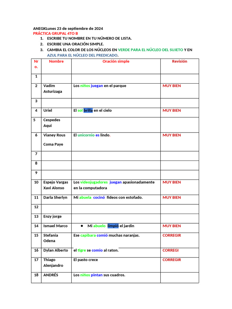 Práctica de Oraciones Simples en Clase | PDF