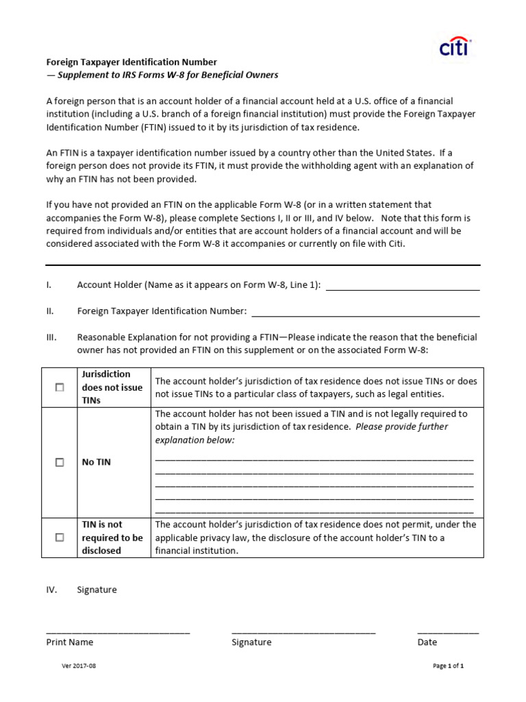 Form W 8 Supplemental FTIN Explanation | PDF | Irs Tax Forms | United ...
