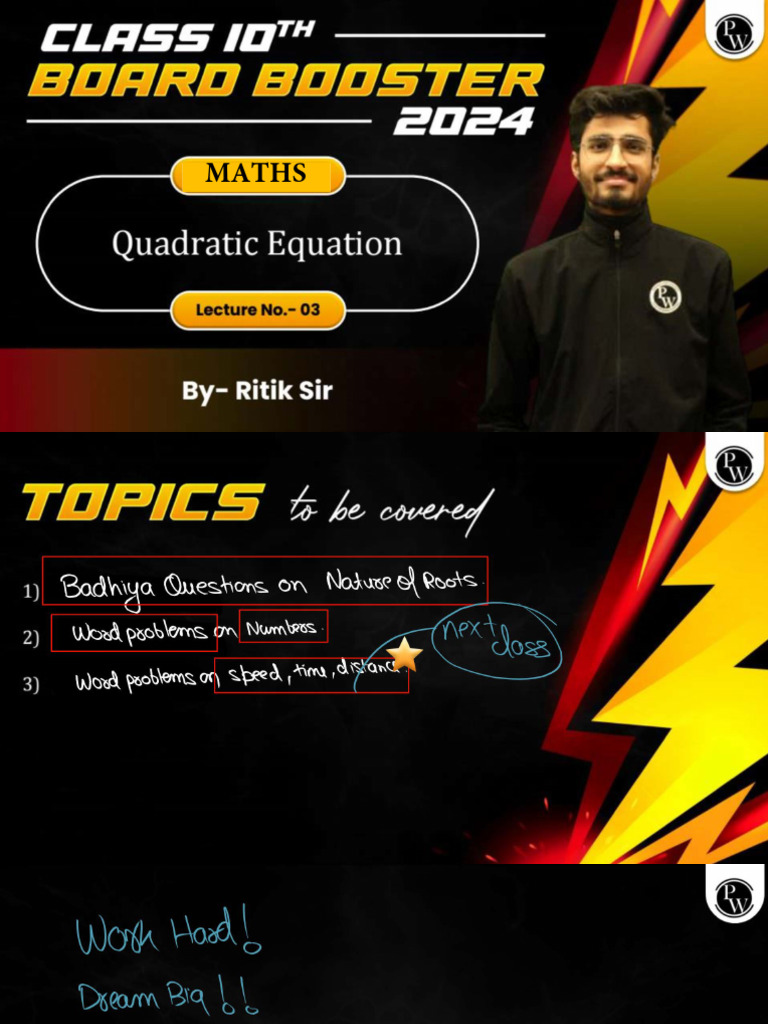 Quadratic Equations 03 - Class Notes - (10th Board Booster 2024) | PDF
