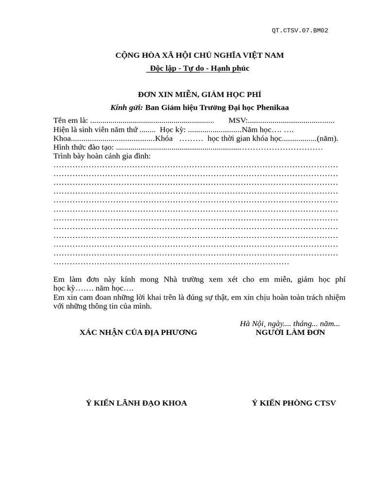 Đơn Xin Xét Miễn Giảm Học Phí | PDF