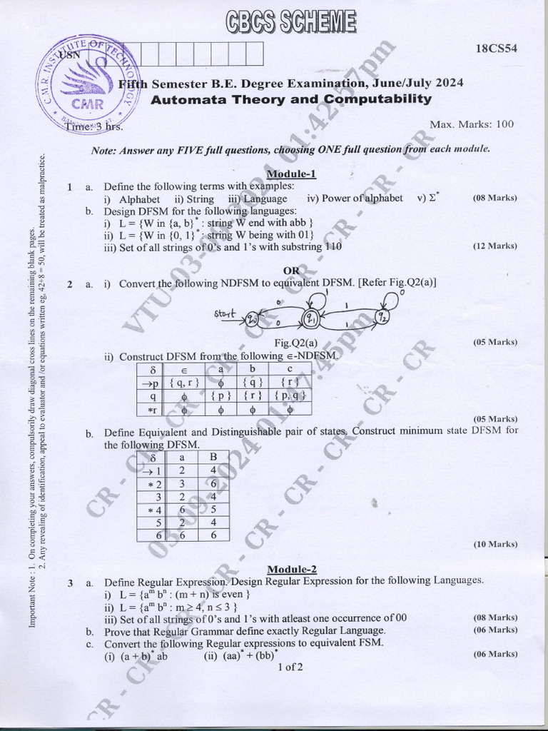 VTU Question Paper of 18CS54 Automata Theory and Computability Jun-July-2024 | PDF