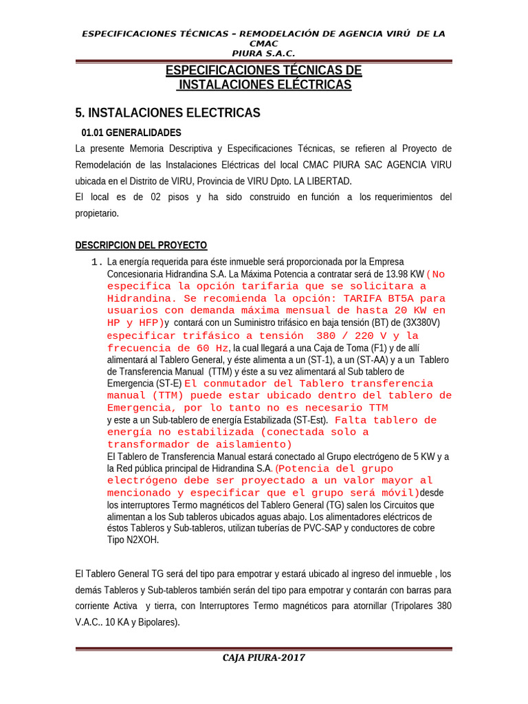 05 Especificaciones Técnicas - Caja Piura - Viru - Inst. Electricas | PDF | Conductor electrico ...