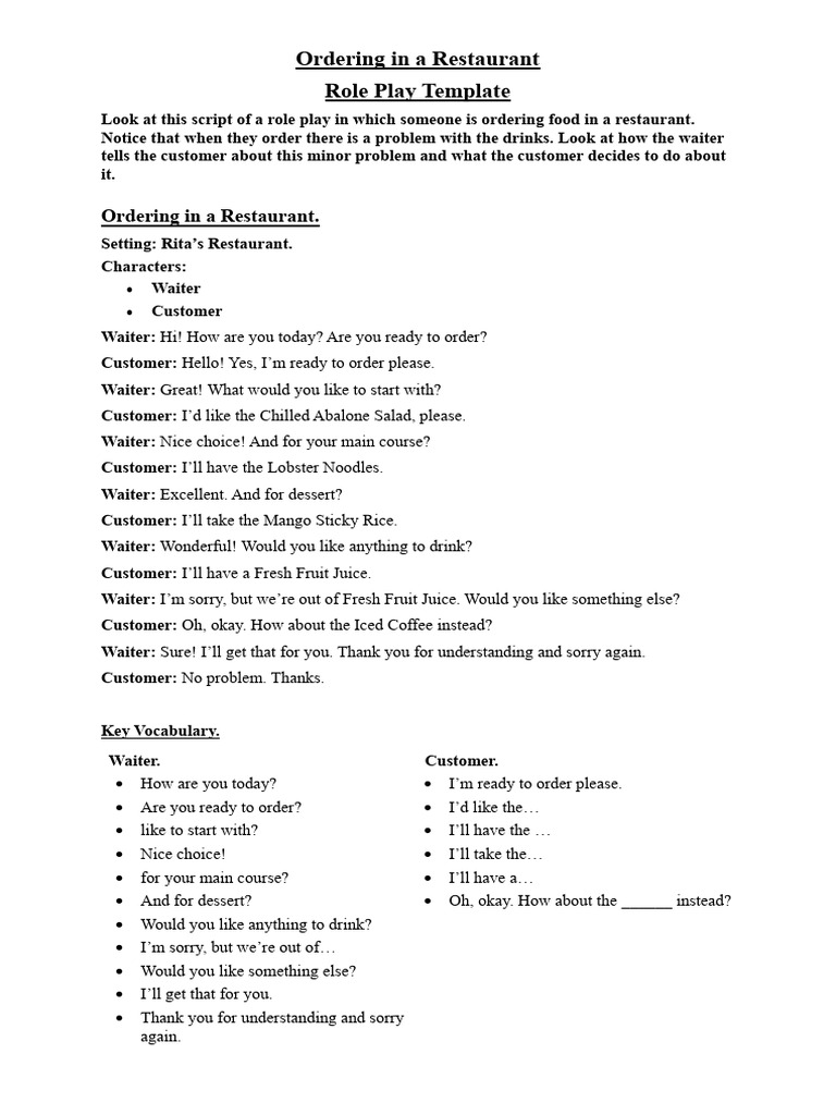 Ordering in A Restaurant Role Play Template. (F6) | PDF | Waiting Staff ...