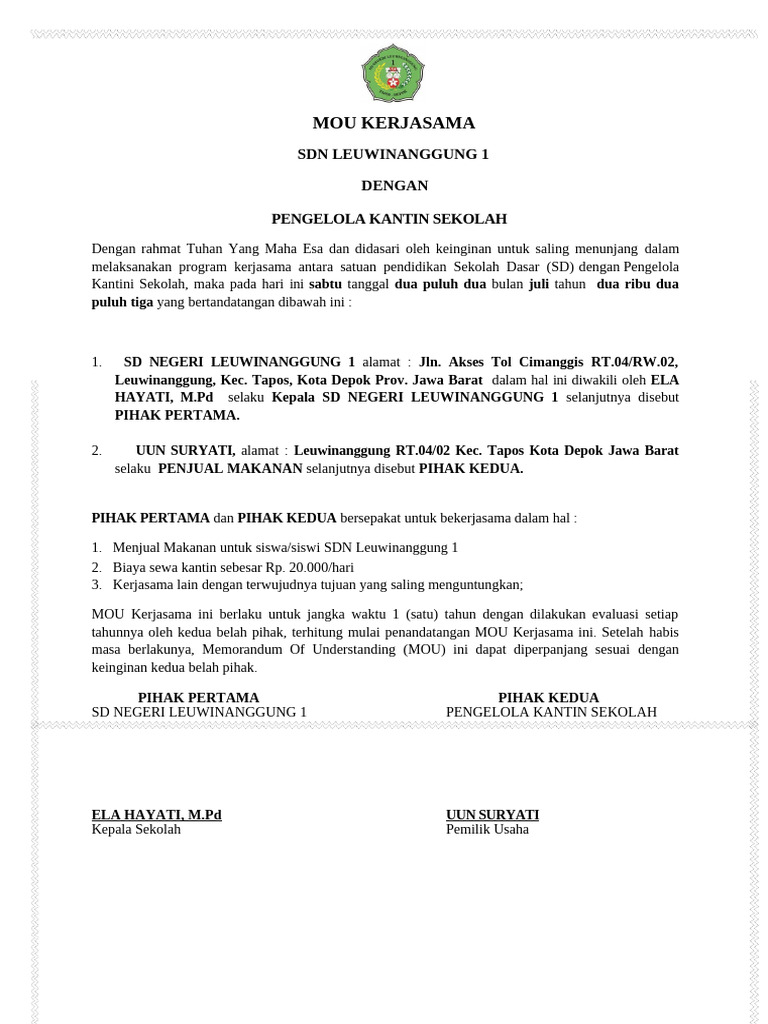 3.3.1.MOU KERJASAMA KANTIN EKA | PDF