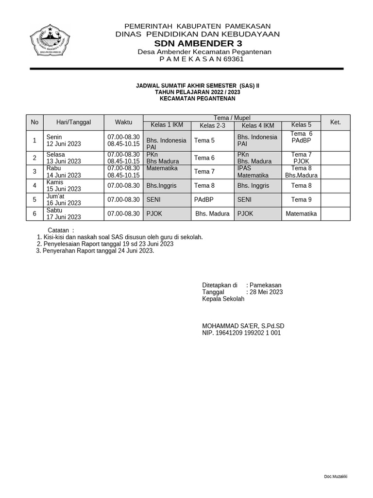 Jadwal SAS II SDN Ambender 3 2023 | PDF