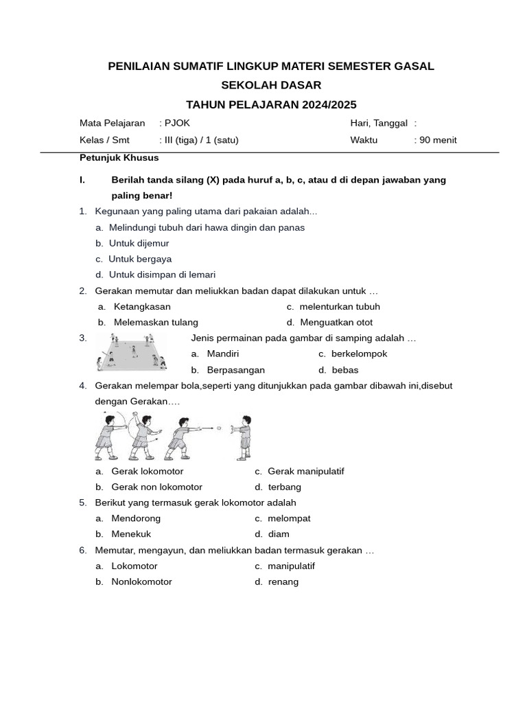Soal PTS Pjok Kelas 3 SMT 1 | PDF