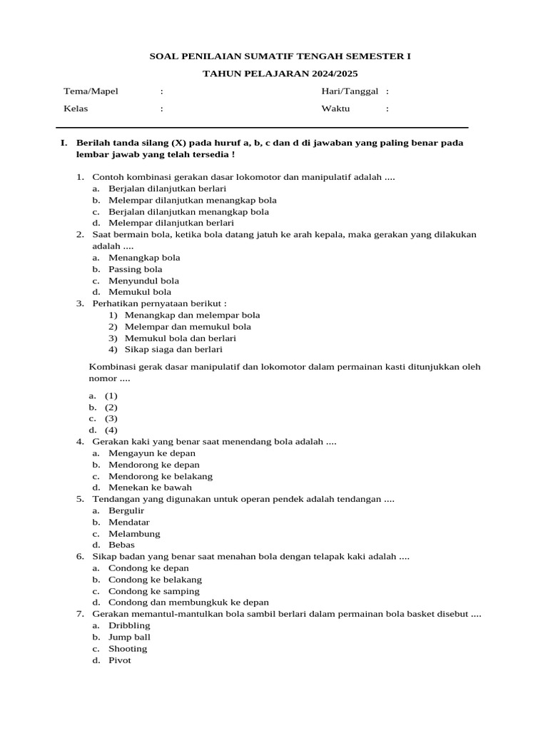 Soal PTS Pjok Kelas 5 SMT 1 | PDF