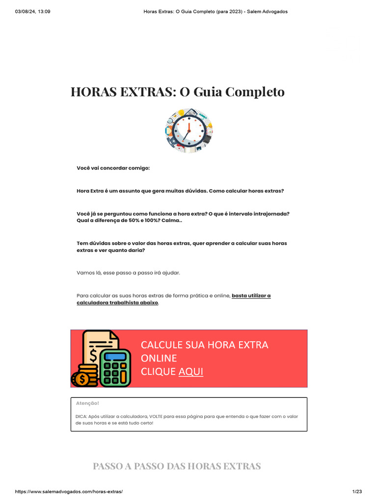 Horas Extras - O Guia Completo (Para 2023) - Salem Advogados | PDF | Hora extra | Férias ...