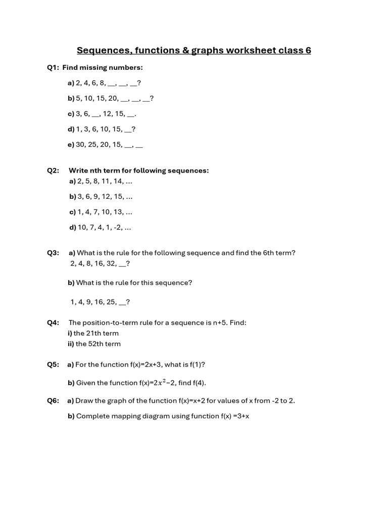 Class 6 Sequences and Functions Worksheet | PDF