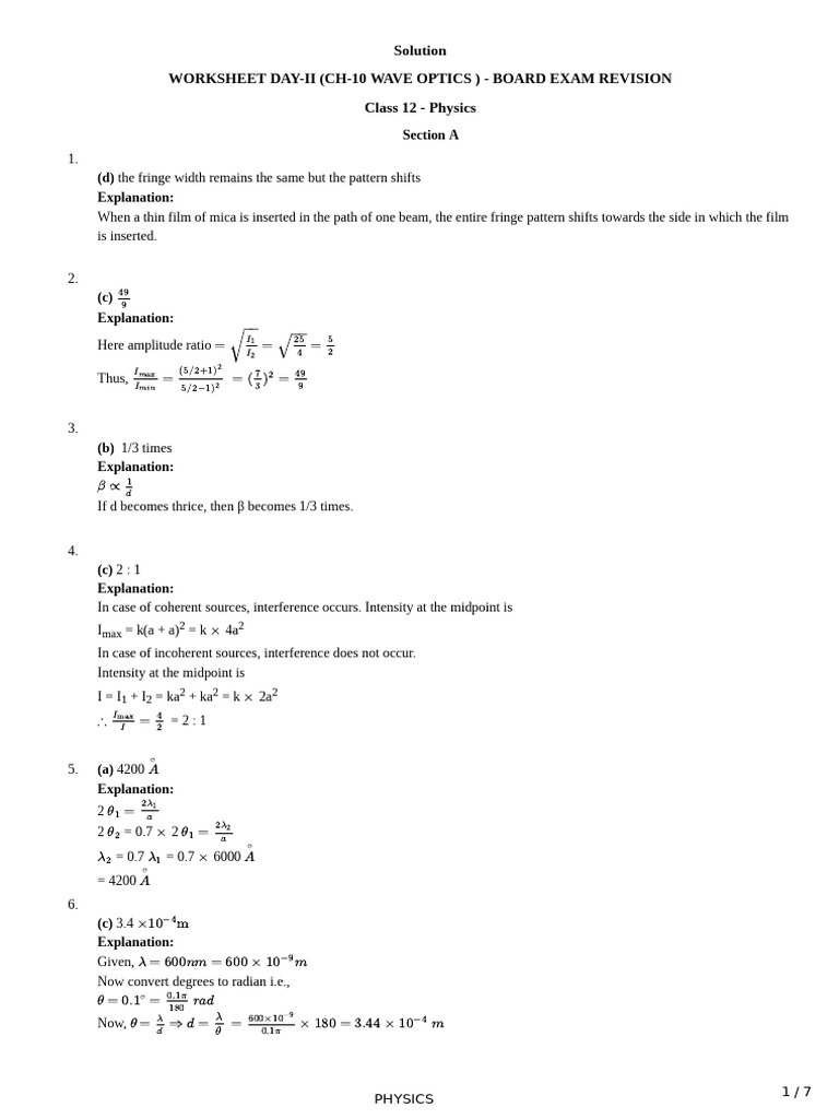 Solution Day Two Worksheet | PDF | Diffraction | Reflection (Physics)