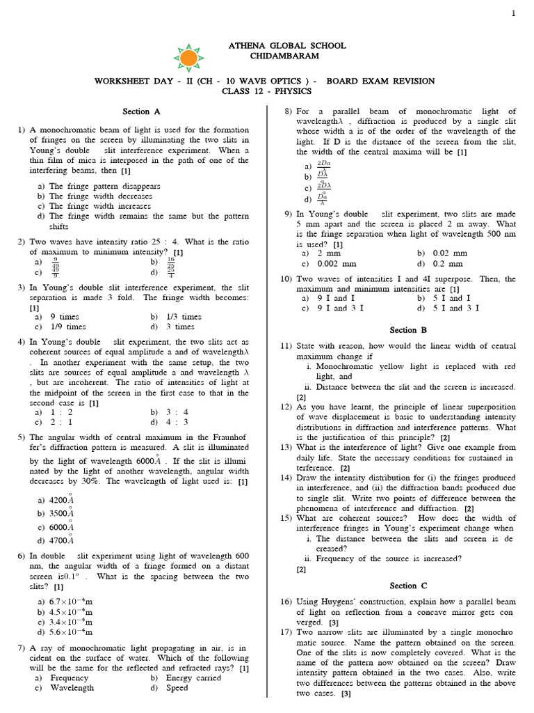 WORKSHEET -DAY TWO, CH-10 ( BOARD EXAM REVISION) | PDF | Diffraction | Wavelength
