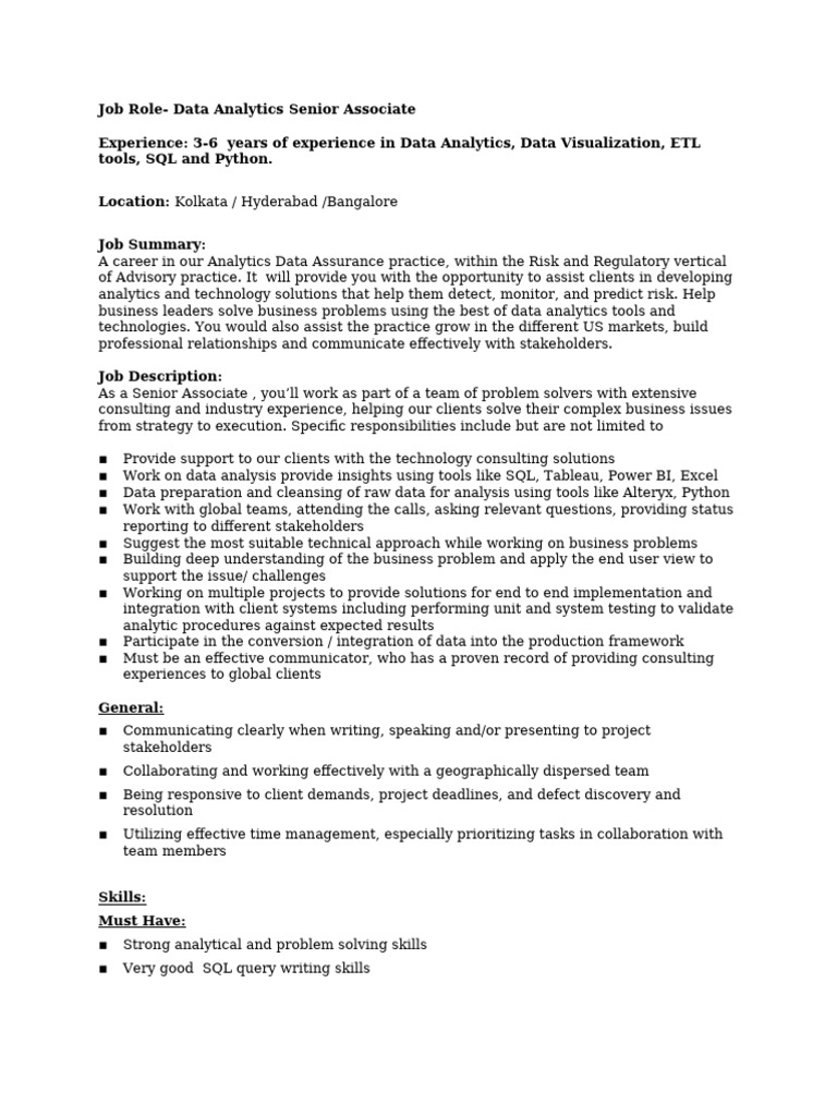 R&R Data Analytics Senior - JD | PDF | Analytics | Data Analysis