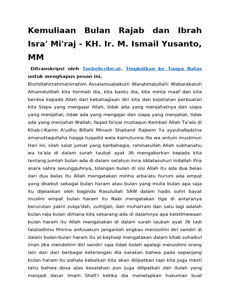 Kemuliaan Bulan Rajab Dan Ibrah Isra' Mi'raj - KH. Ir. M. Ismail ...