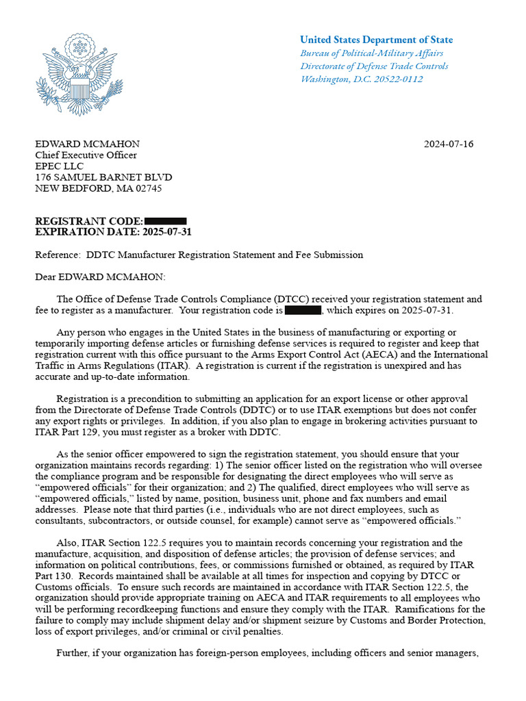 Epec ITAR Certification | PDF