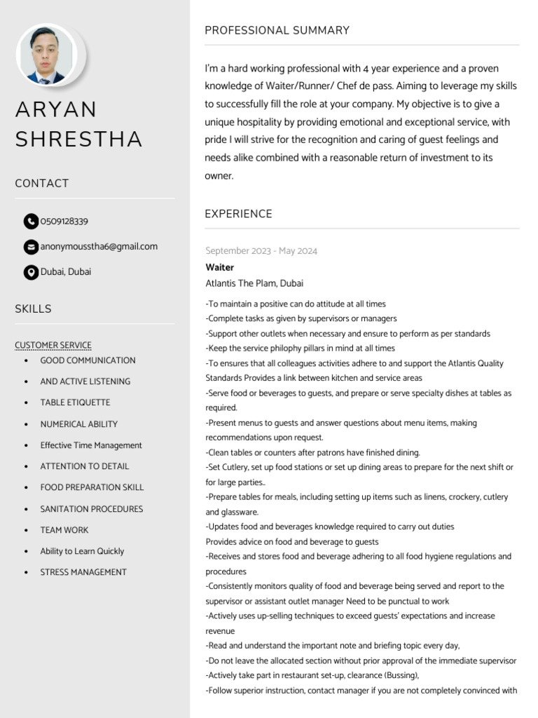 Aryan Shrestha Resume | PDF | Waiting Staff | Restaurants