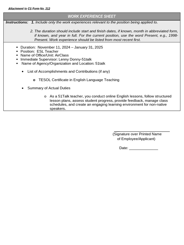 CS Form No. 212 Attachment - Work Experience Sheet | PDF