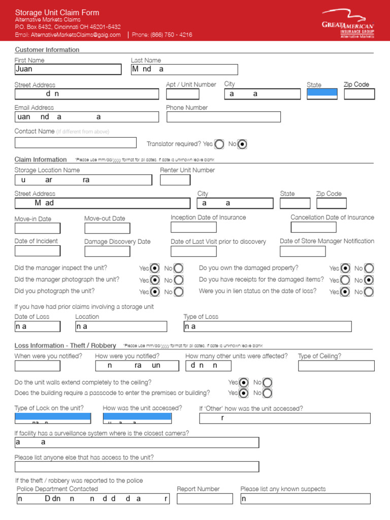 Self Storage Claim Form - Theft or Robbery | PDF | Freight Transport ...