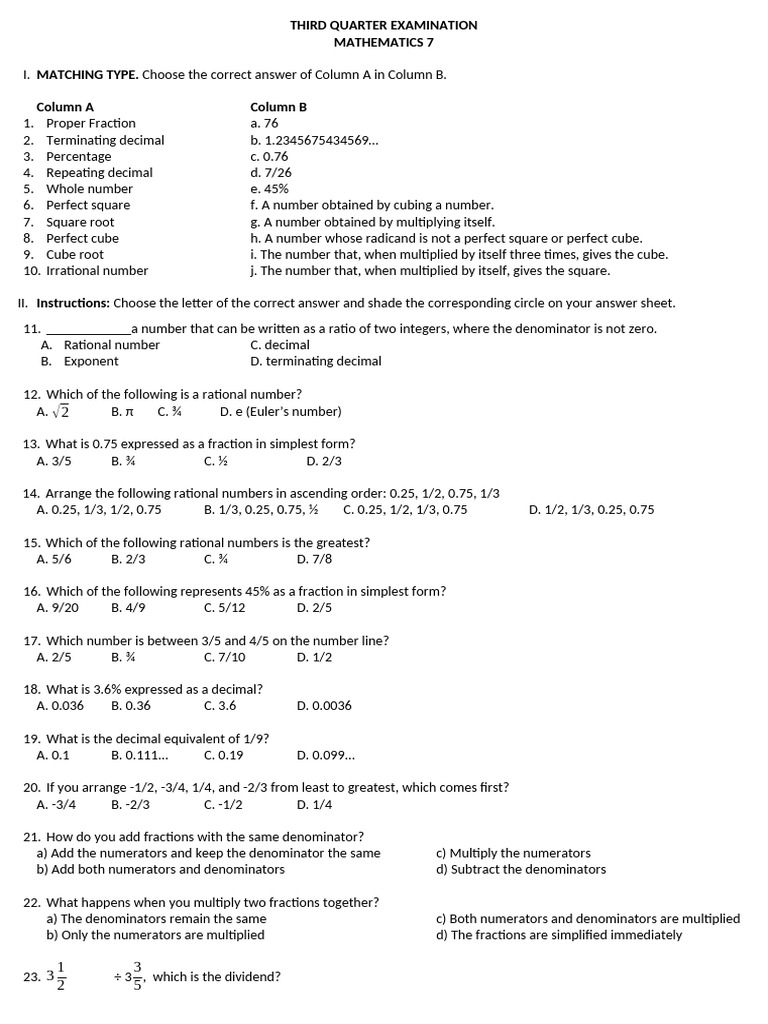 THIRD QUARTER EXAM TEST Grade 7 | PDF | Numbers | Rational Number