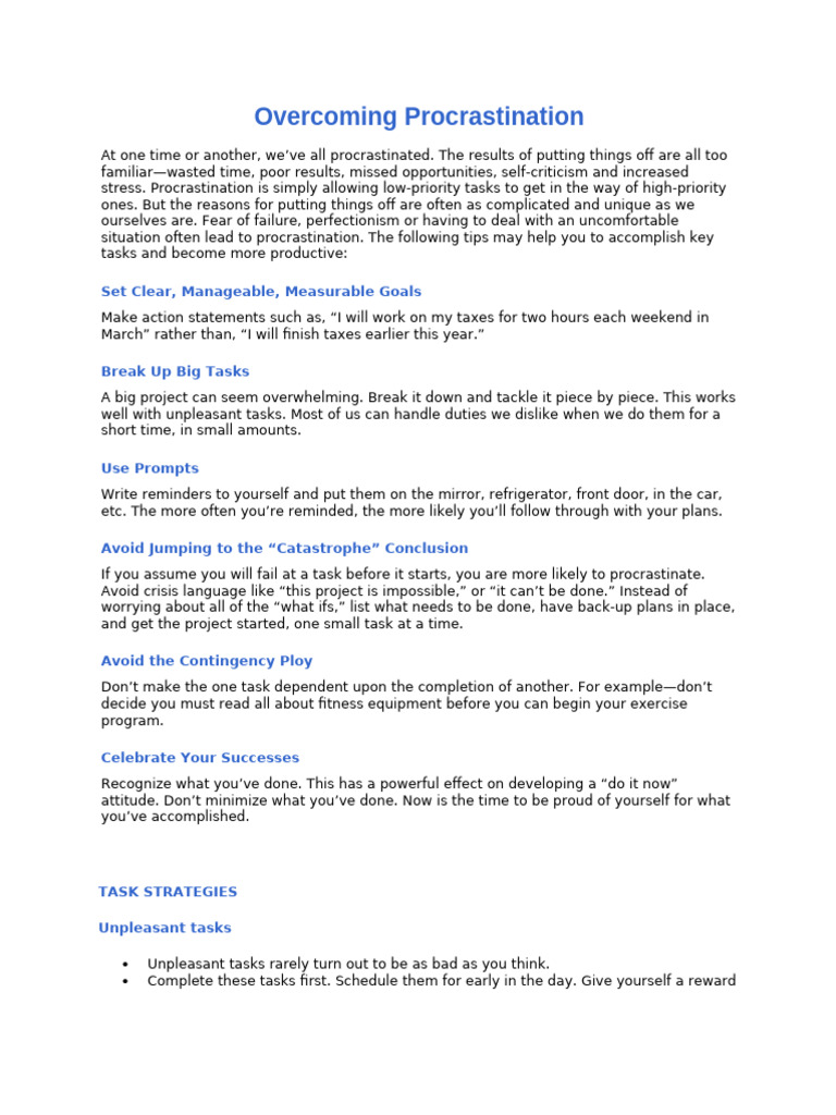 Overcoming Procrastination Handout | PDF | Procrastination ...