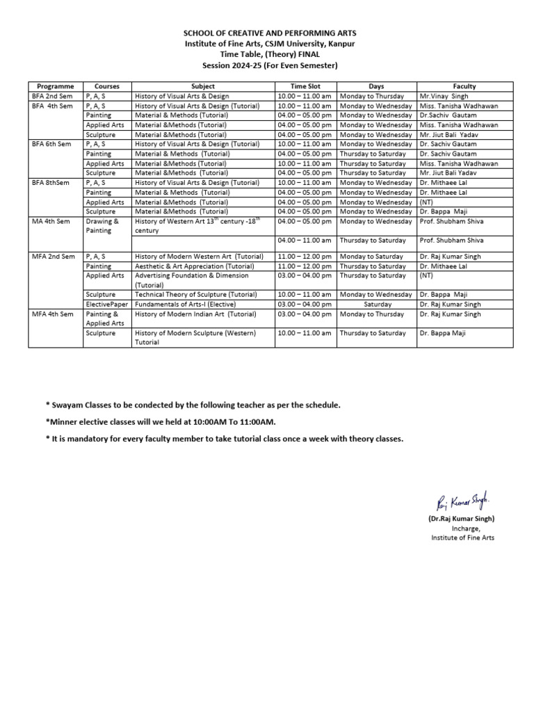 Even - Sem Time Table - 2024-25 | PDF | Fine Art | The Arts