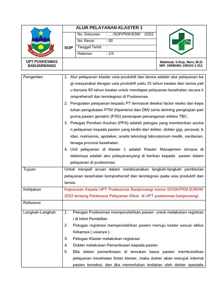 SOP CLUSTER 1 Manajemen BJW | PDF