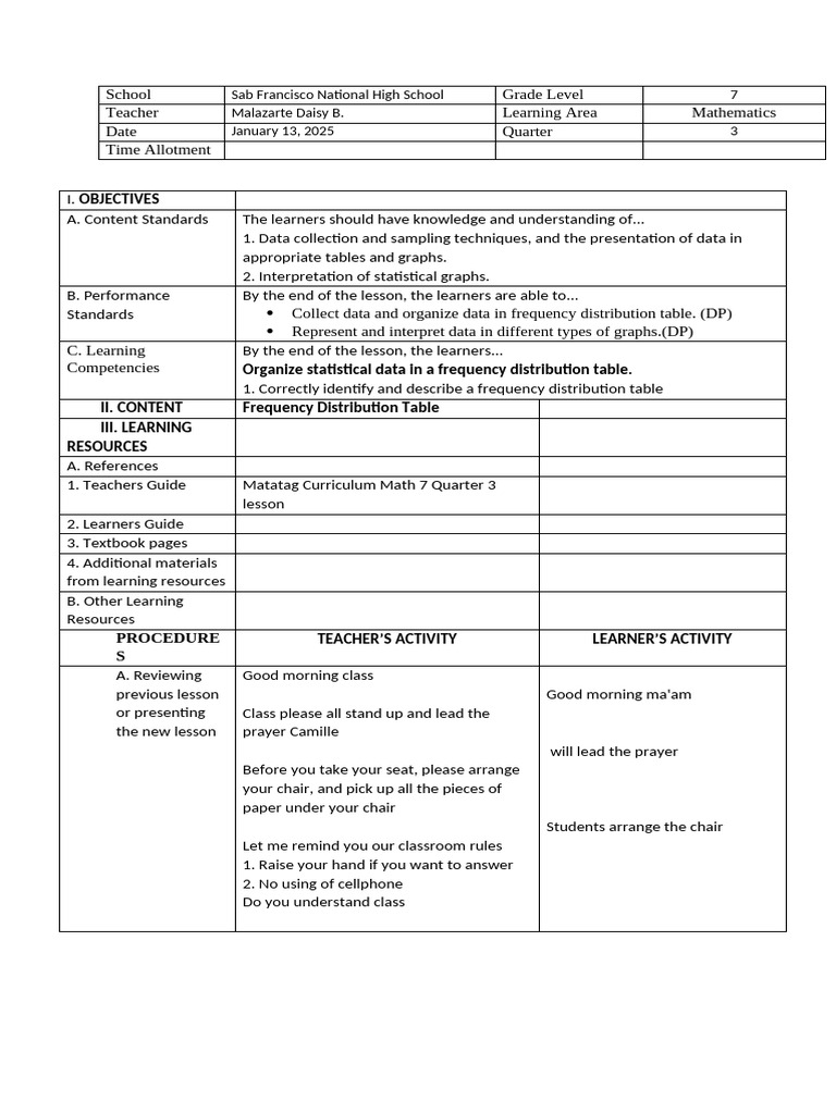 Frequency Distribution Table Lesson Plan | PDF | Learning | Curriculum