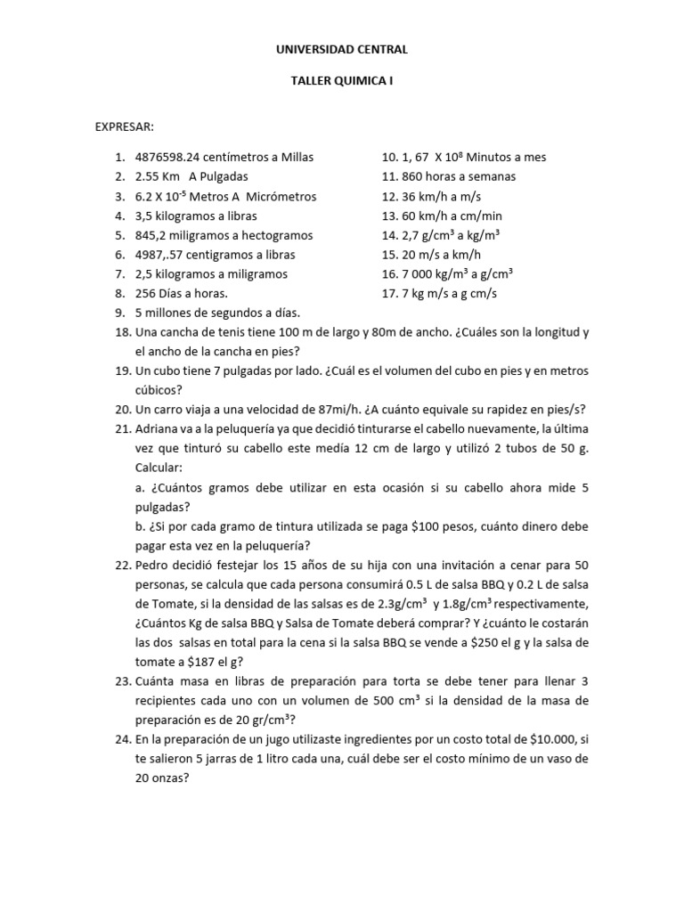 Taller Conversion de Unidades | PDF | Mole (Unidad) | Pie (unidad)