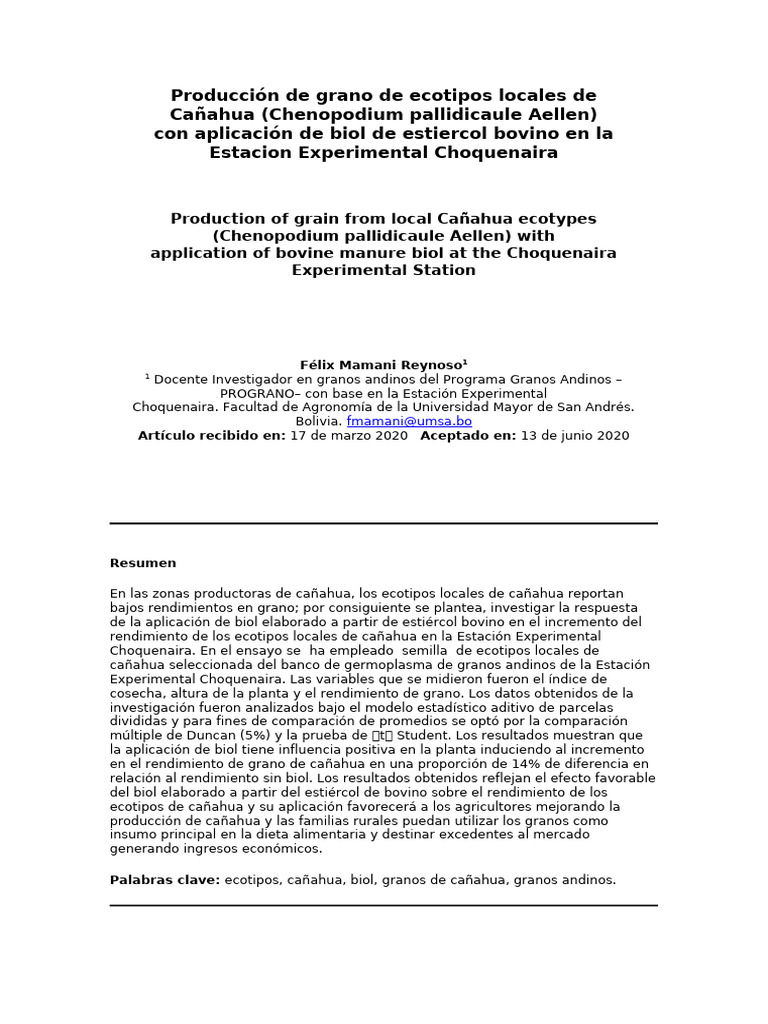 Efecto del biol en rendimiento de cañahua | PDF | Fertilizante ...