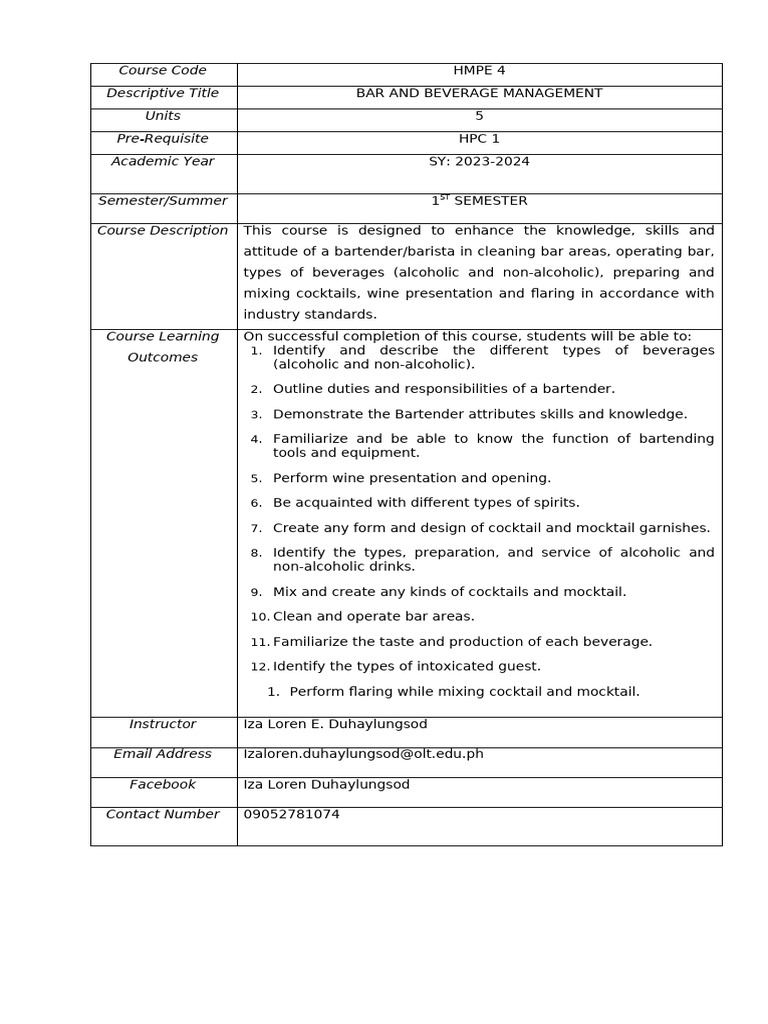 Bar and Beverage Management - 1 | PDF | Bartender | Waiting Staff