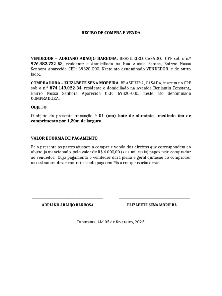 Modelo Recibo de Compra e Venda, BOTE de ALUMINIO | PDF