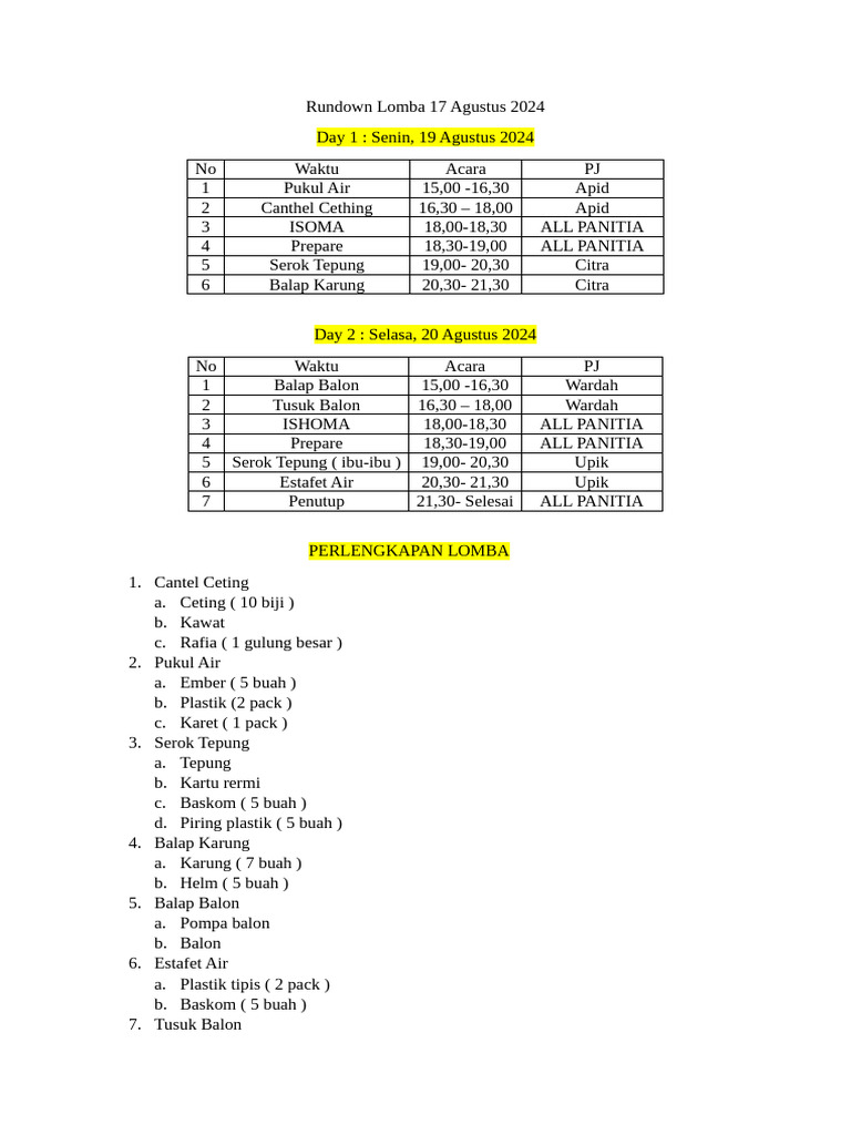 Rundown Lomba 17 Agustus 2024 | PDF