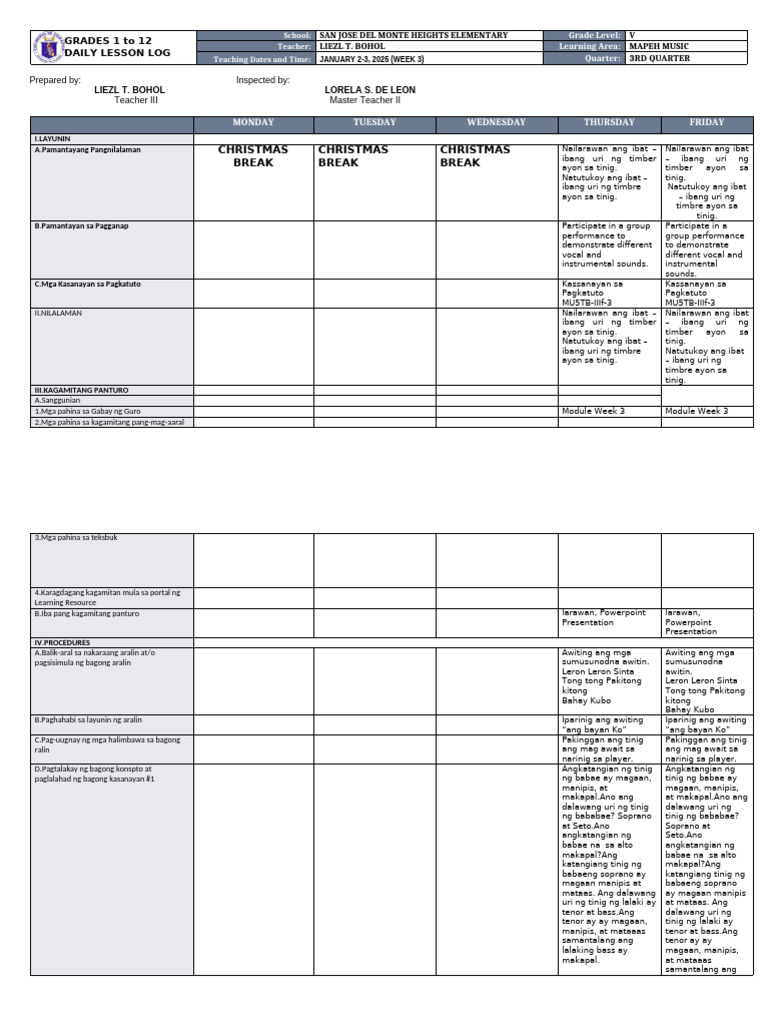 DLL - Mapeh 5 - Q3 - W3 | PDF